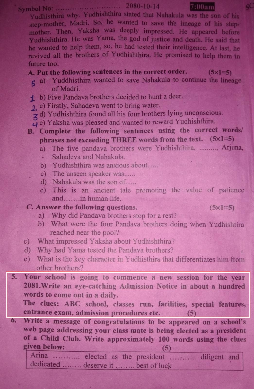PABSON SEE Pre-Board 2080 (2024): Q5. Write an admission notice ...